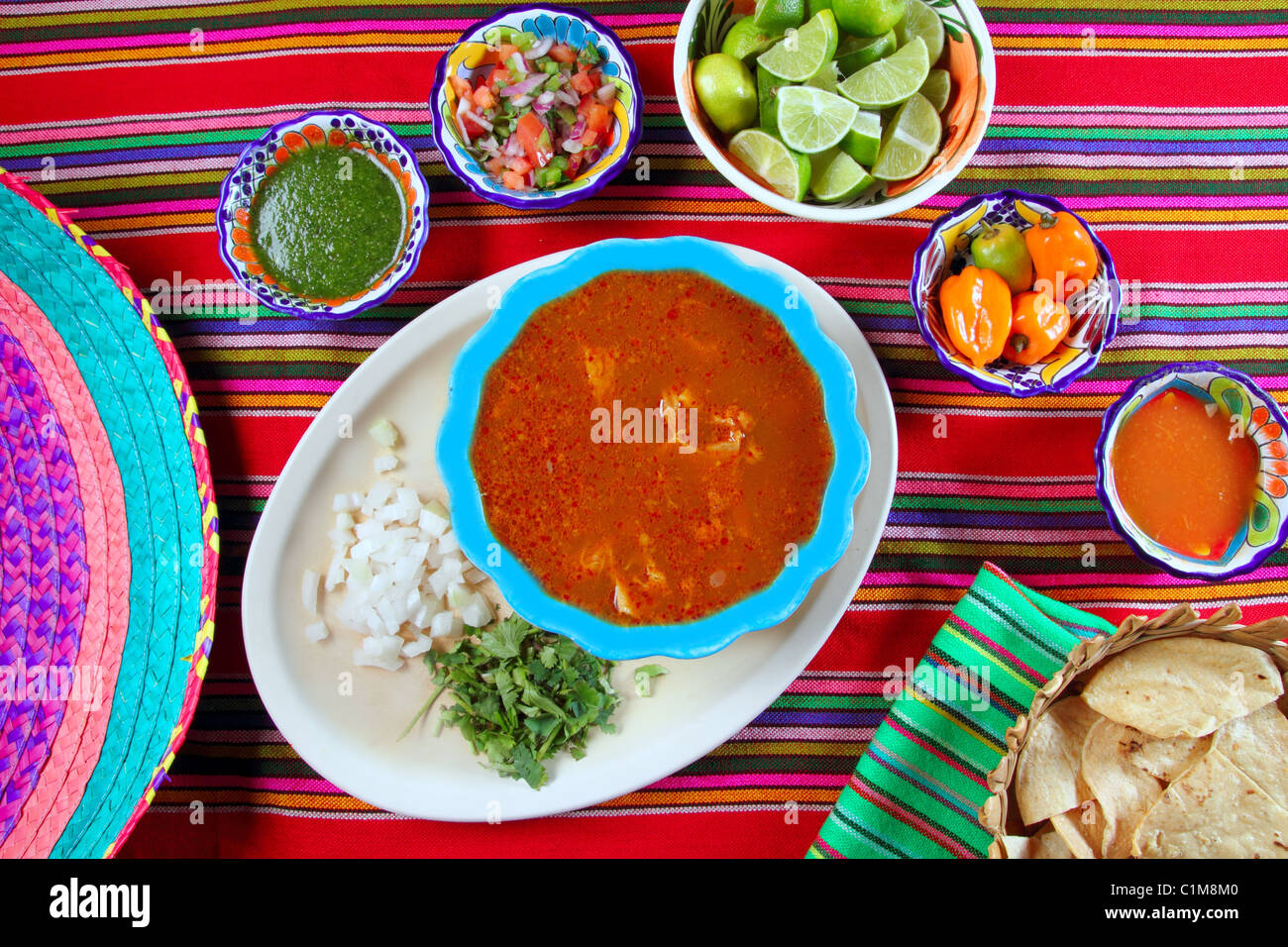 Pancita mondongo mexican soup varied chili sauces Mexico food Stock ...