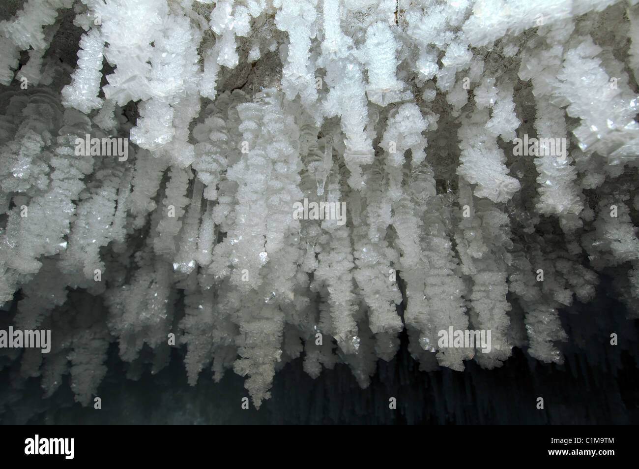 Ice crystals on the ceiling in ice cave, Olkhon island, Baikal lake ...