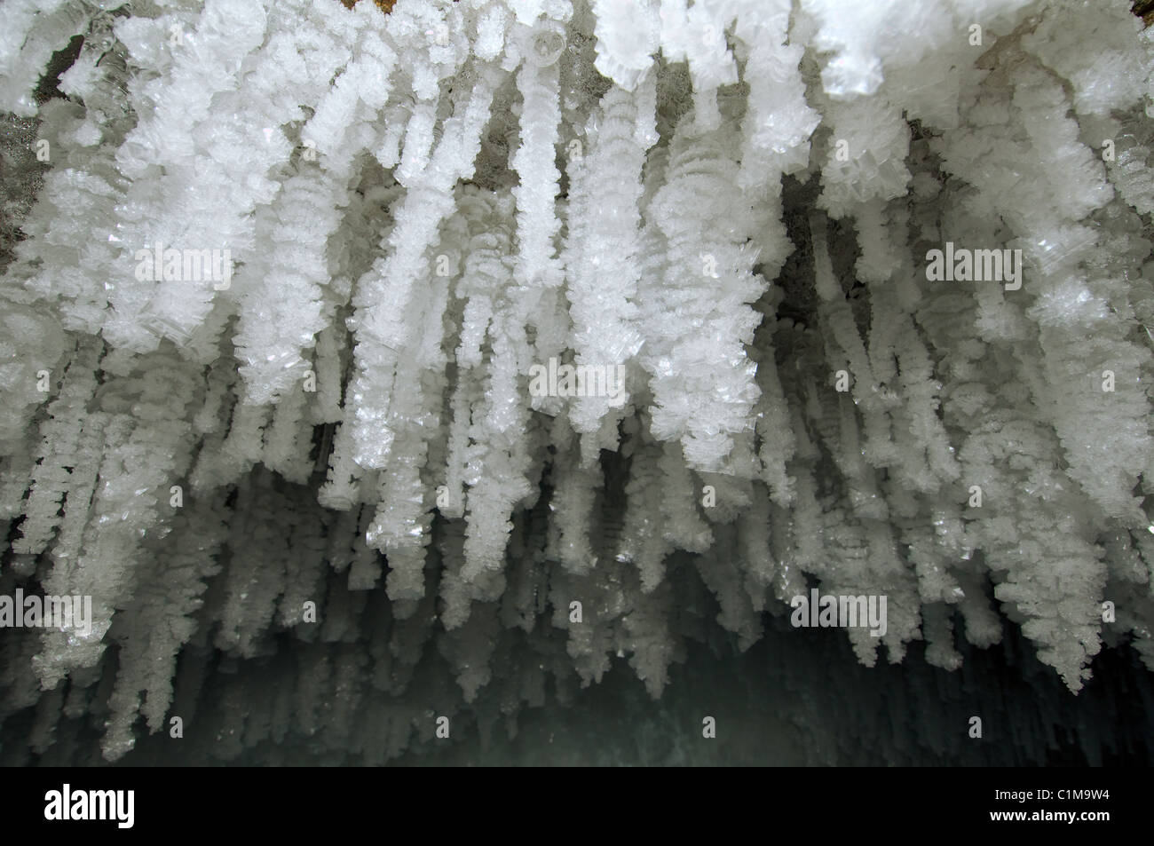 Ice crystals on the ceiling in ice cave, Olkhon island, Baikal lake ...