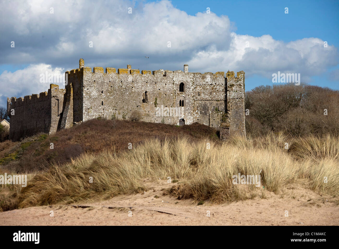 Manorbier castle seen from the beach. Pembrokeshire Wales UK. Built in ...