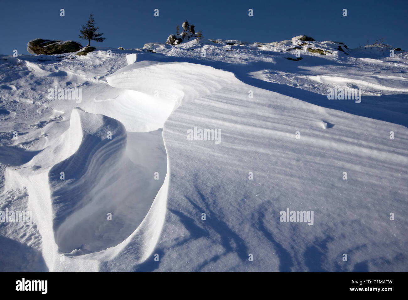 Snowdrift with wavy snow shapes. Winter landscape. National park ...