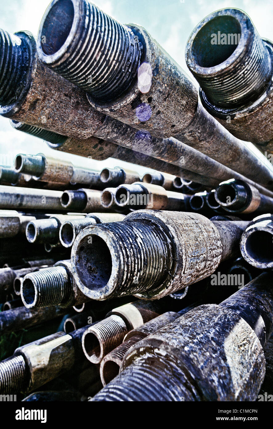 Stacked drill pipe or drill stem, used on a drilling rig Stock Photo ...