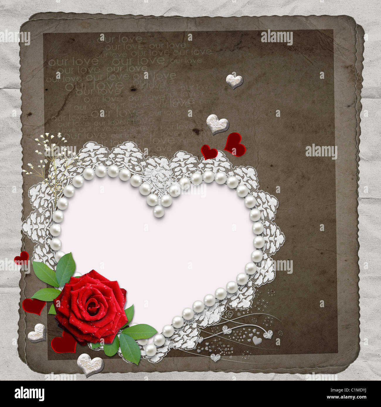Vintage elegant heart frame with red rose, lace and pearls Stock Photo ...