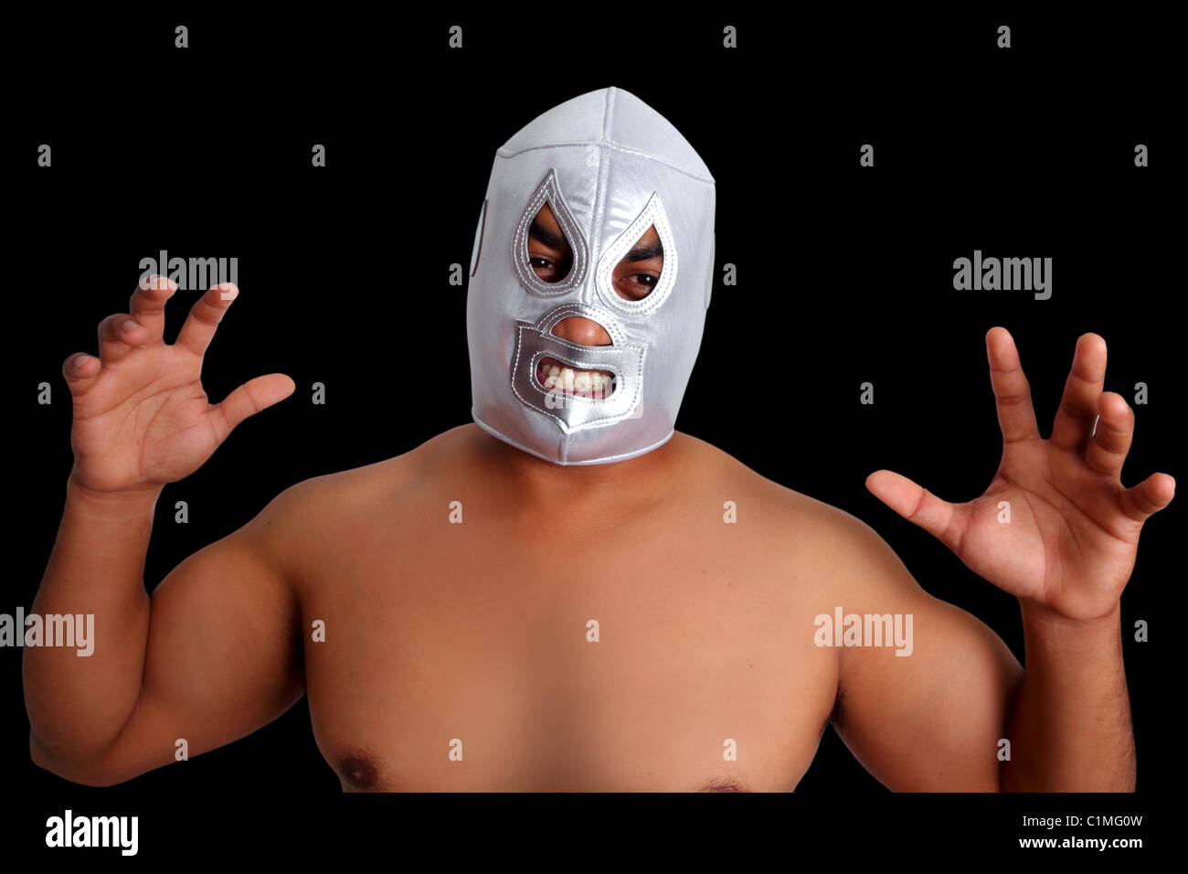 mexican wrestling mask silver fighter gesture isolated on black Stock ...