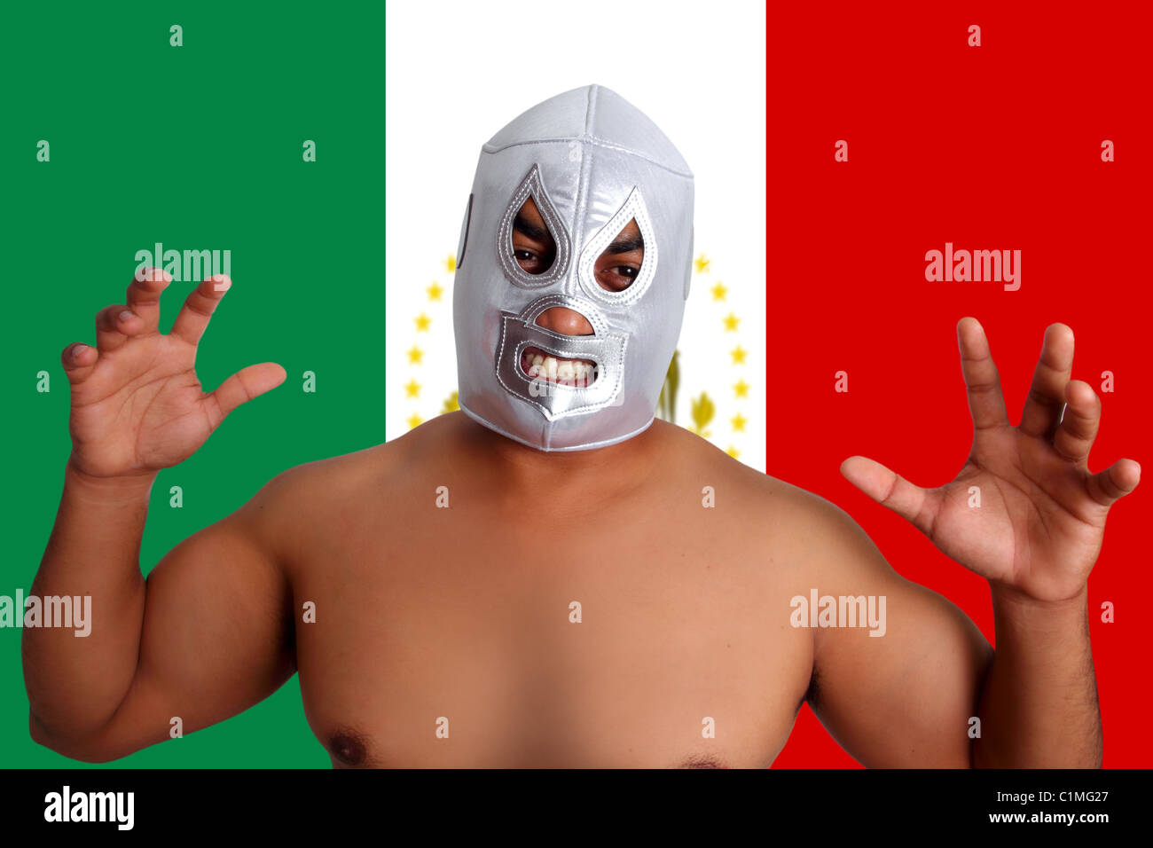 mexican wrestling mask silver fighter gesture Mexico flag Stock Photo ...