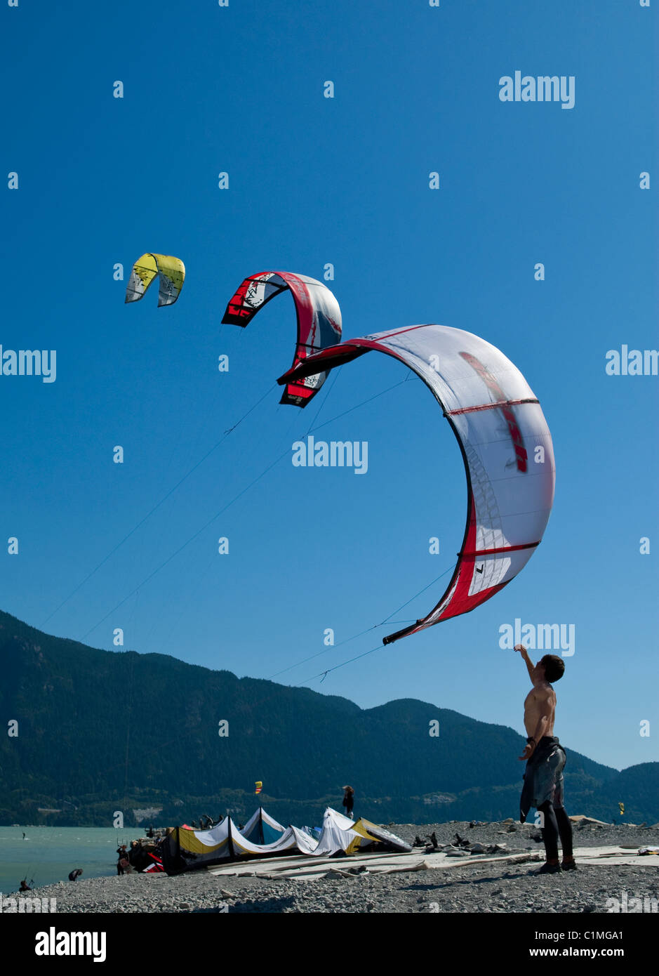 Three kites launched simultaneously on a sunny summer day Stock Photo ...