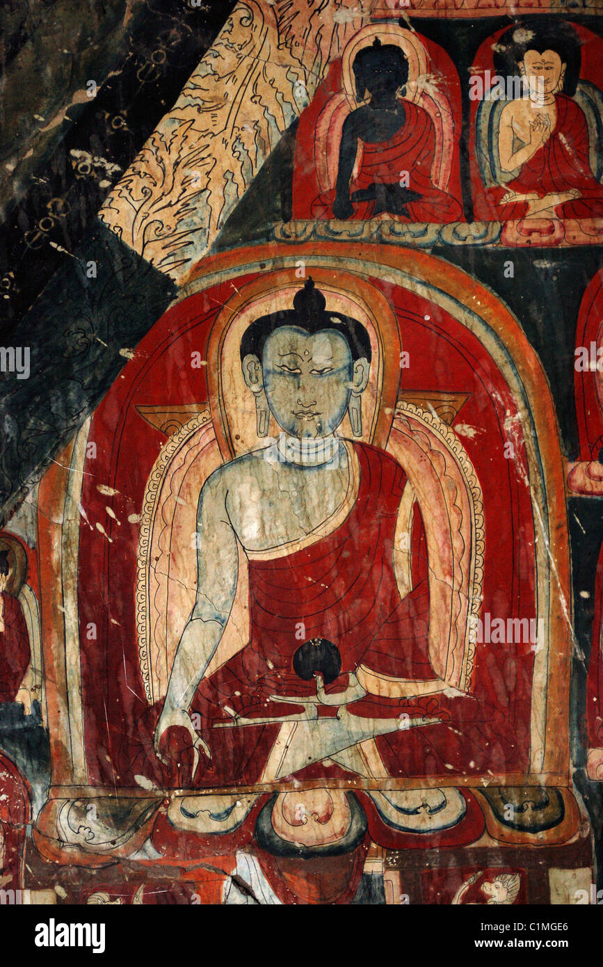 India, Ladakh, Alchi monastery, splendid ancient frescoes adorn the ...