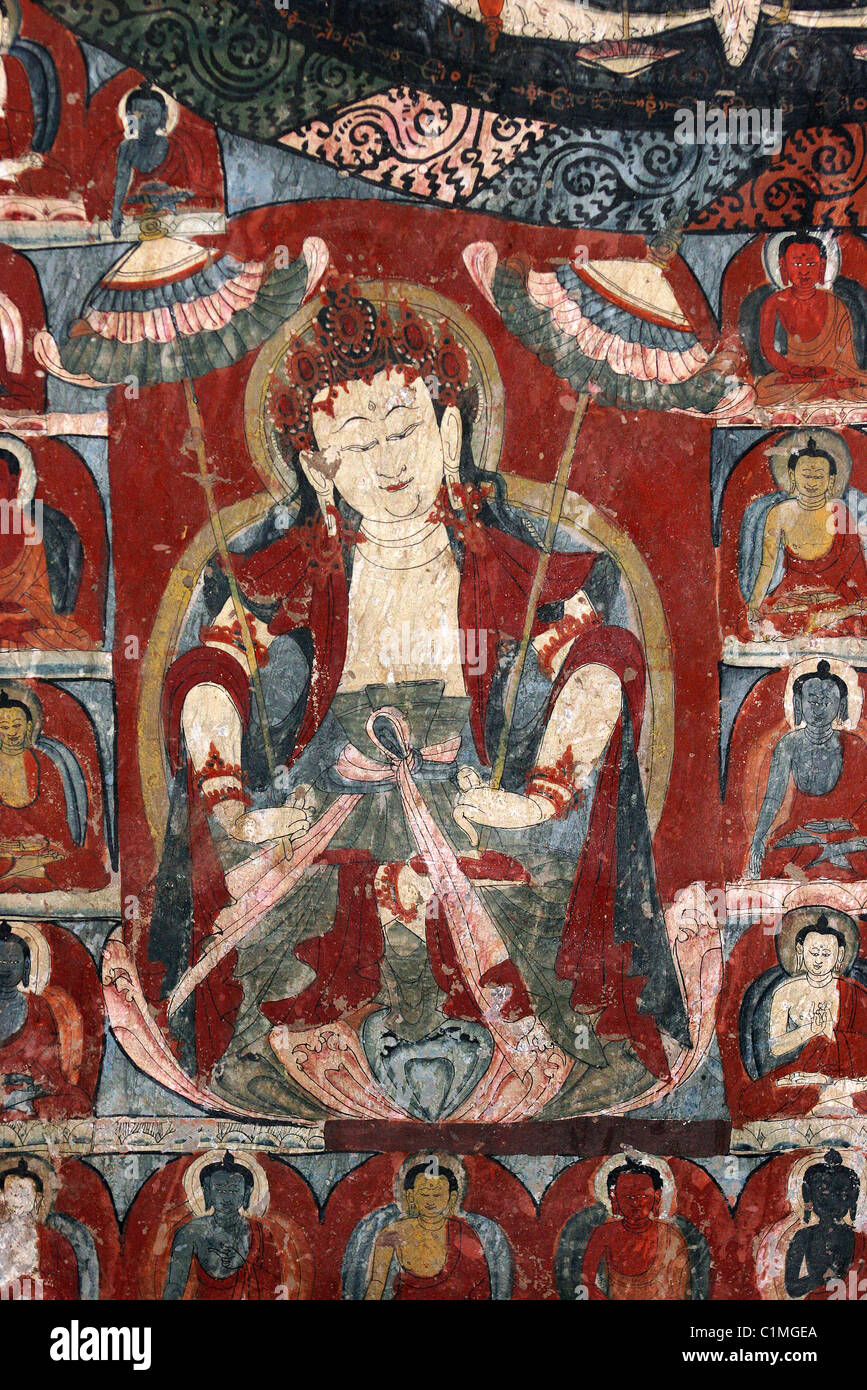 India, Ladakh, Alchi monastery, splendid ancient frescoes adorn the ...