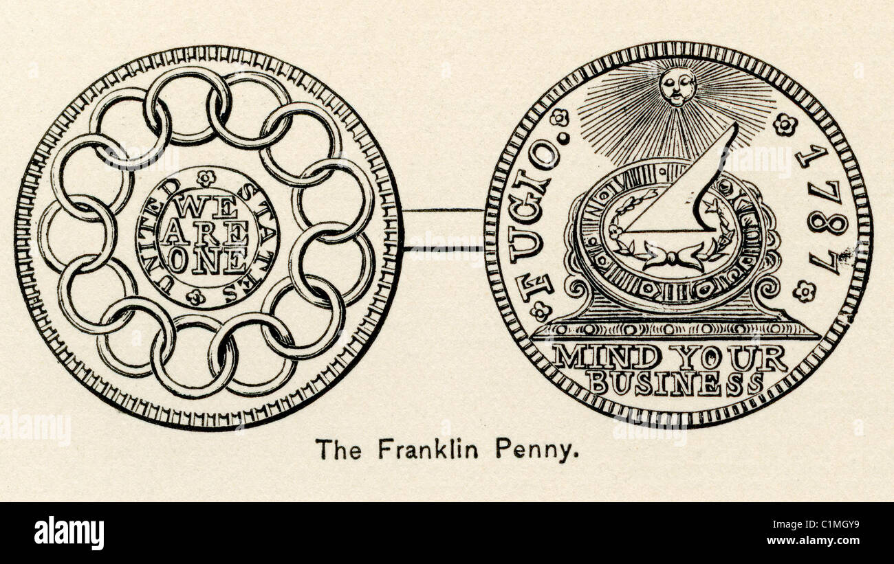 Old lithograph of Franklin penny, 1787 Stock Photo - Alamy