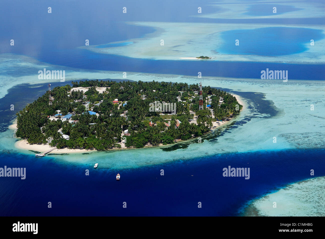 Maldives Islands, atolls in the South of Male (aerial view Stock Photo ...