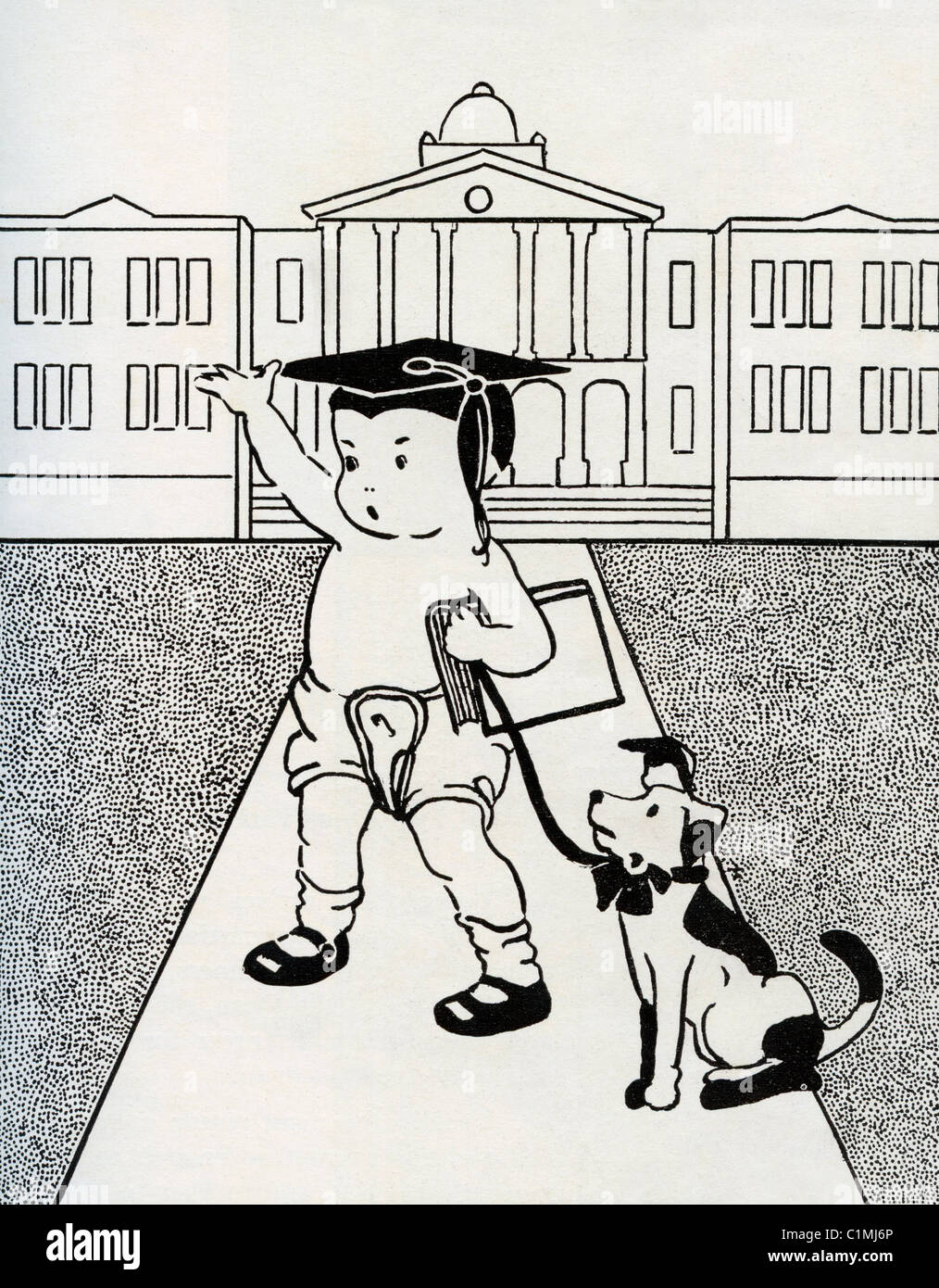 Old lithograph of boy beginning elementary school Stock Photo - Alamy