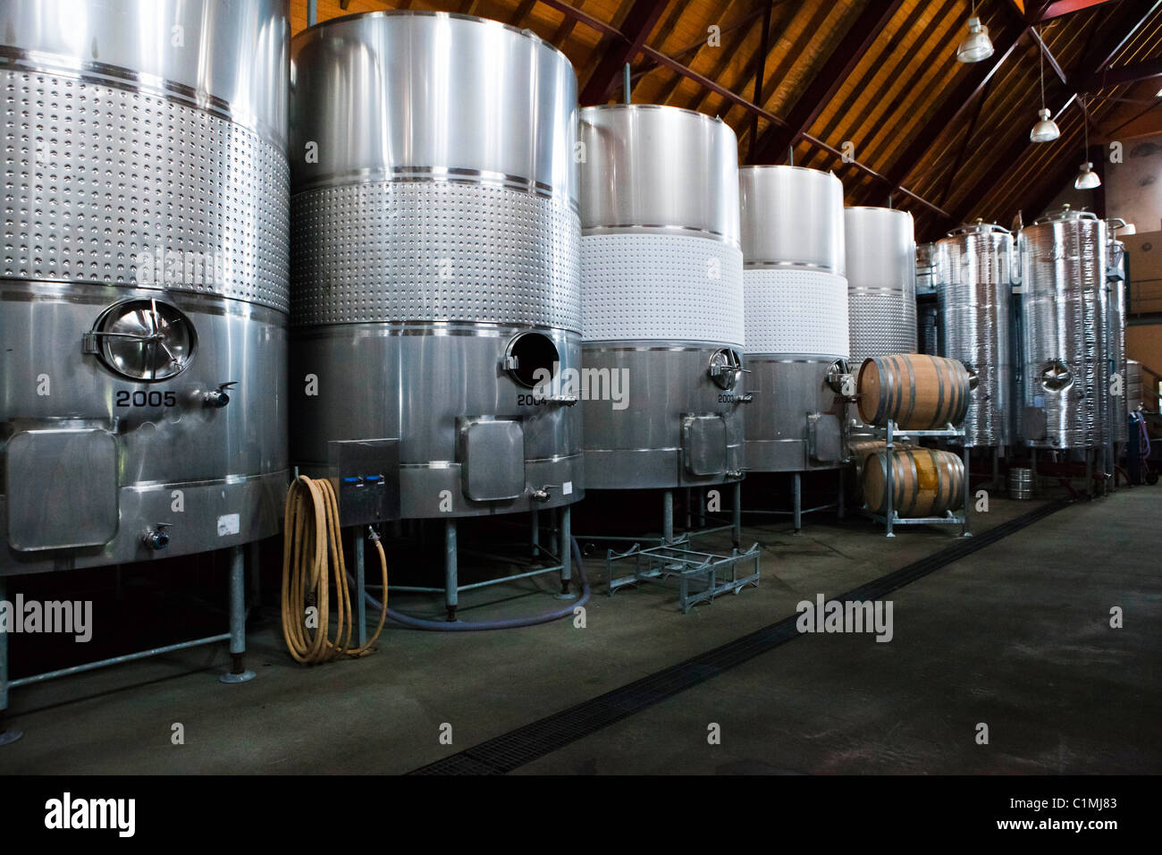 Wine storage vats at the Mud House winery in the Waipara Valley outside ...