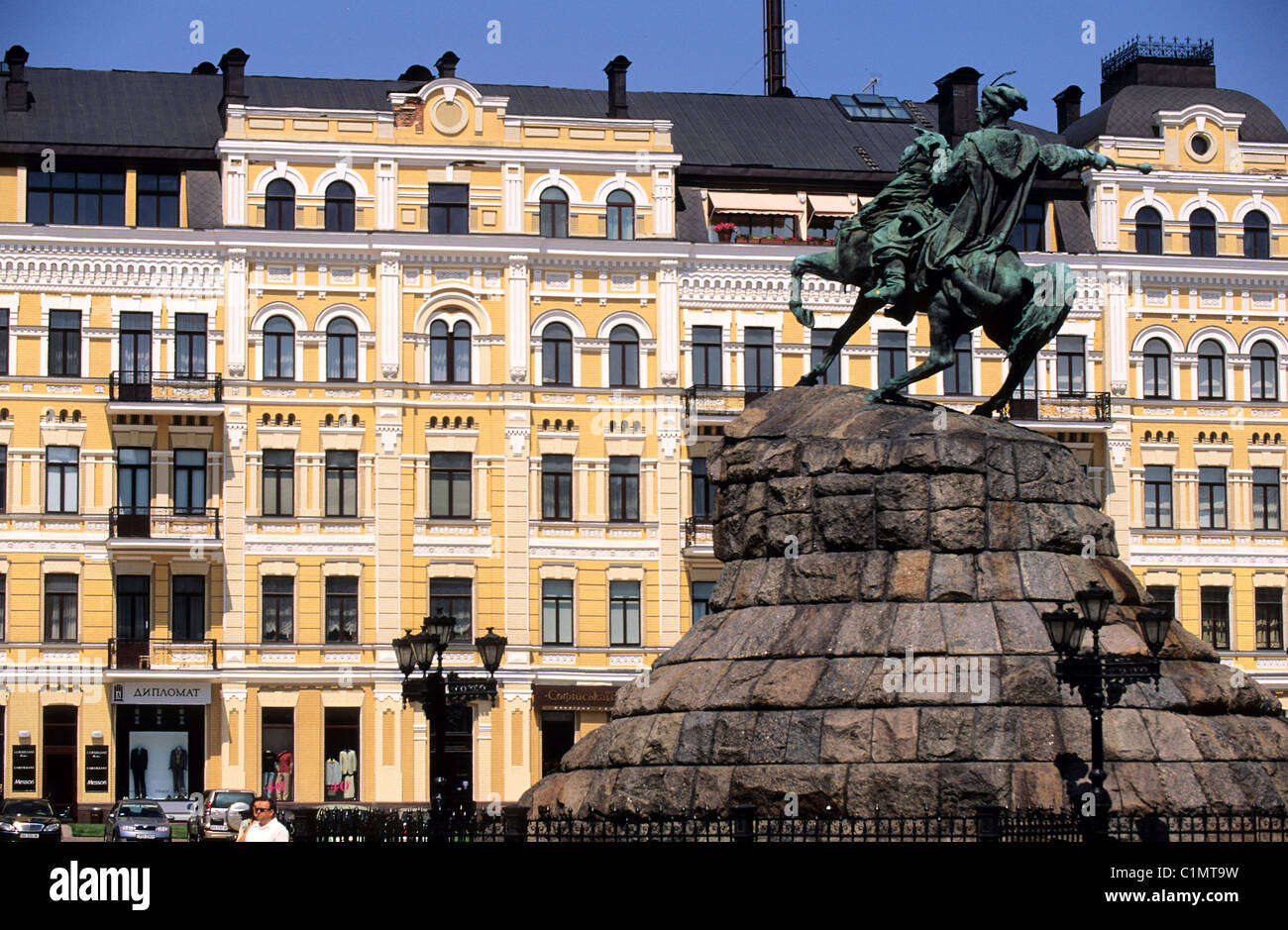 Ukraine, Kiev, the place Sofiyaska, statue of the Cossack hero Bohdan ...