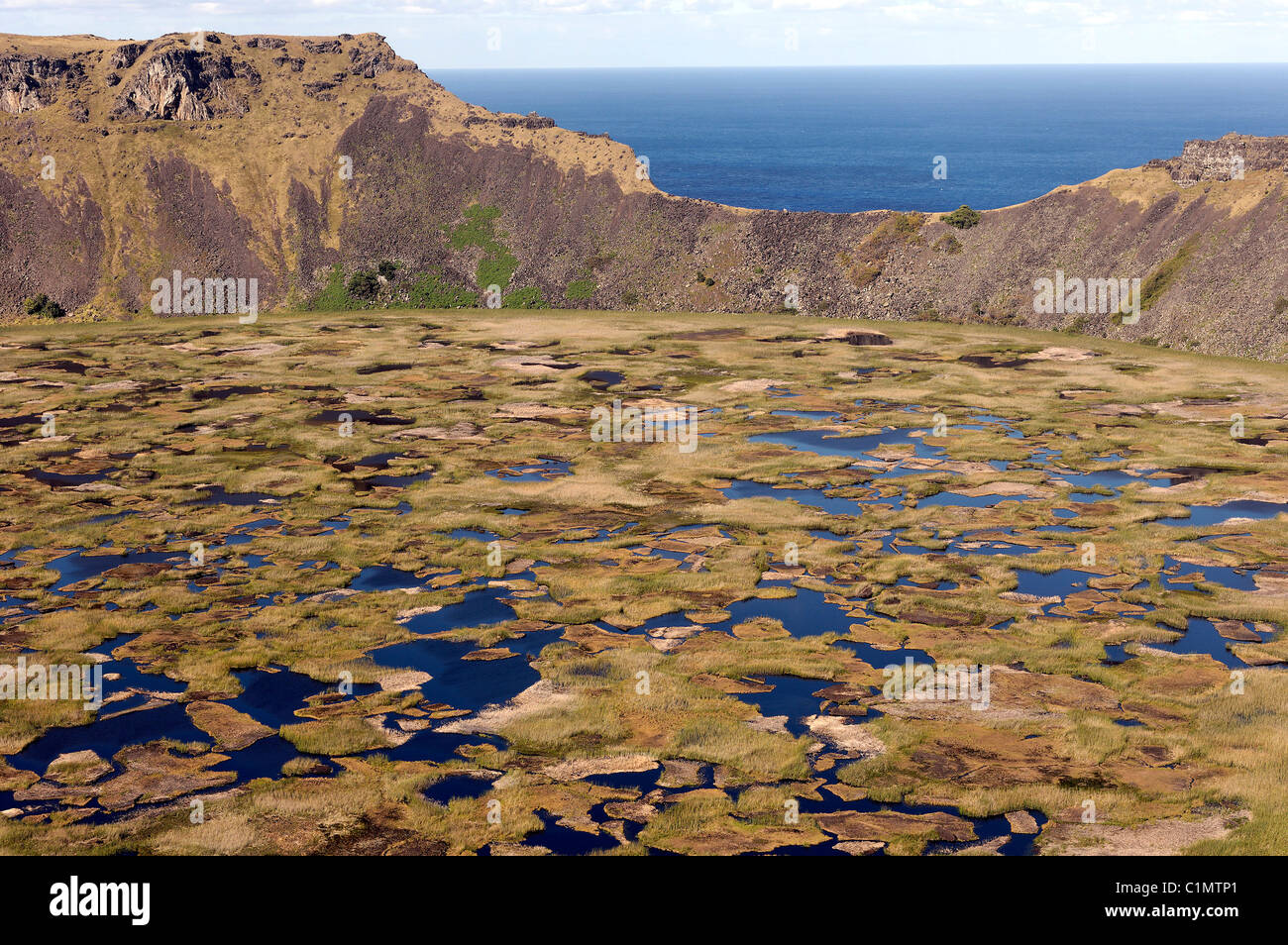 Chile Easter Island Orongo (lake-filled crater at the end of the Island ...