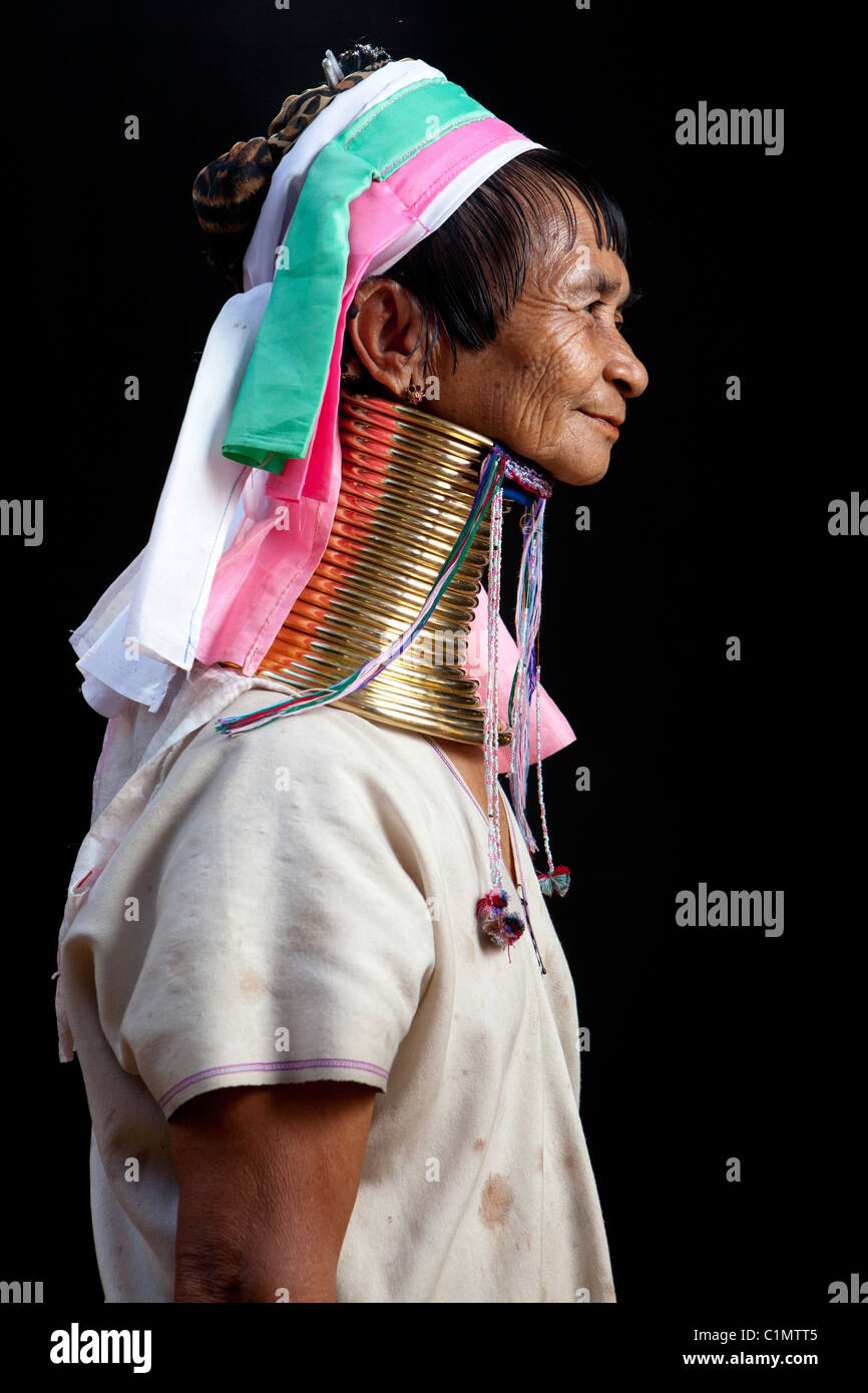 Karen Long Neck woman portrait on black background, Huay Pu Keng, Mae ...