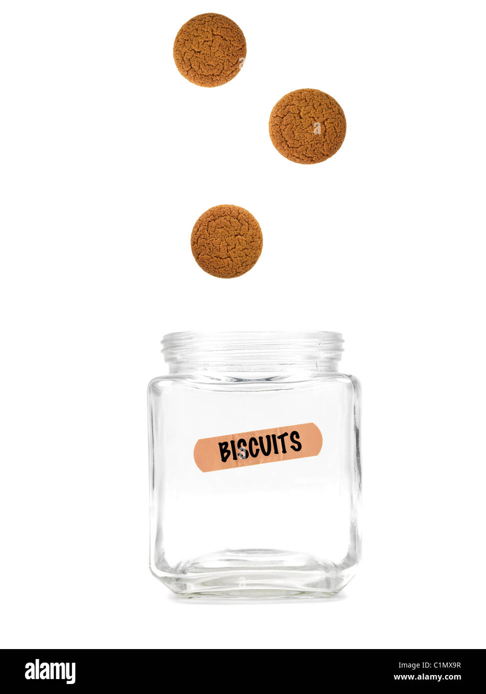 An empty jar with a biscuit label isolated against a white background ...