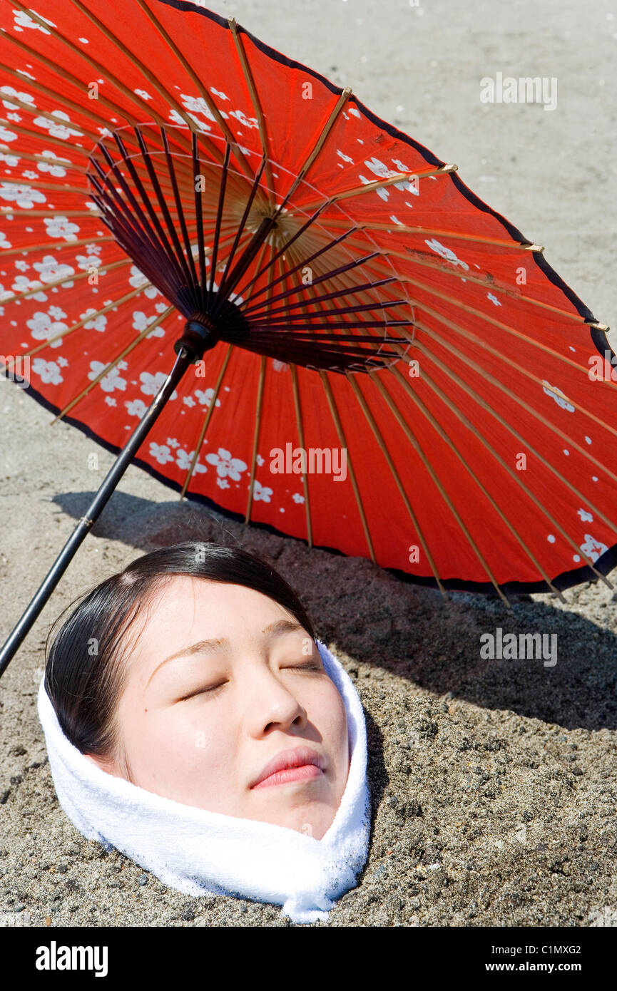 Japan, Kyushu Island, Ibusuki, hot sand bath on the beach Stock Photo ...