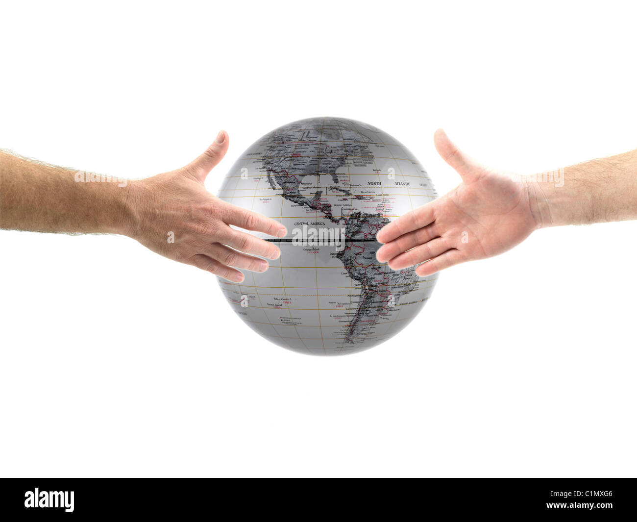 Male hands forming a handshake in front of a world globe isolated ...