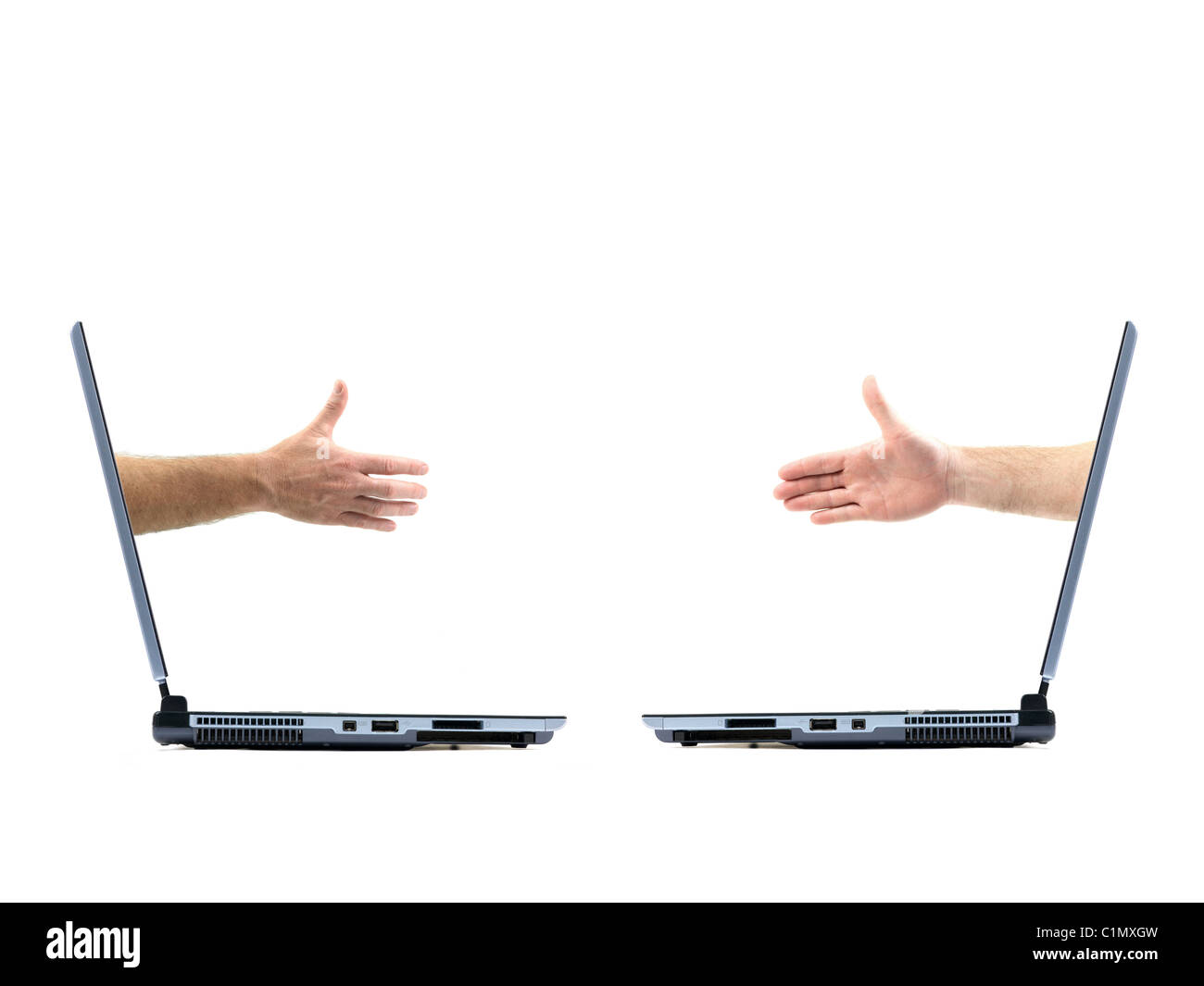 Male hands forming a handshake out of a laptopisolated against a white ...