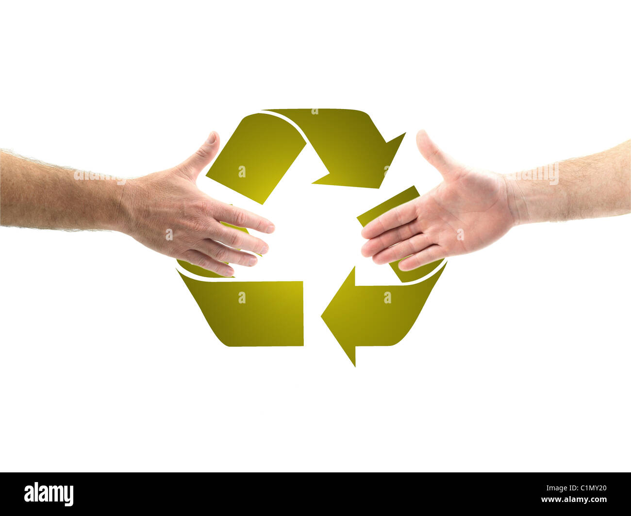 Male hands forming a handshake with a recycle symbol Stock Photo - Alamy