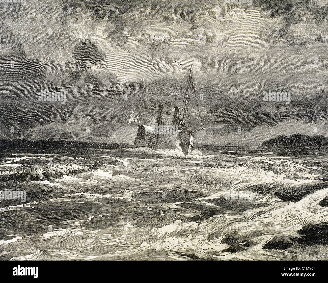 Boat in the breaking waves. Engraving of "The Iberian Illustration ...