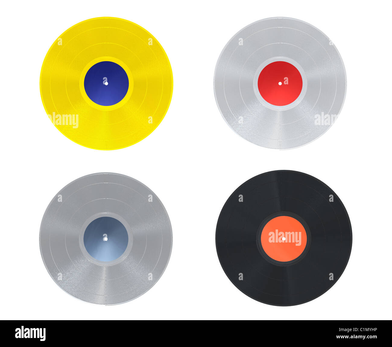 Golden, platinum, silver and black vinyl record on white background ...