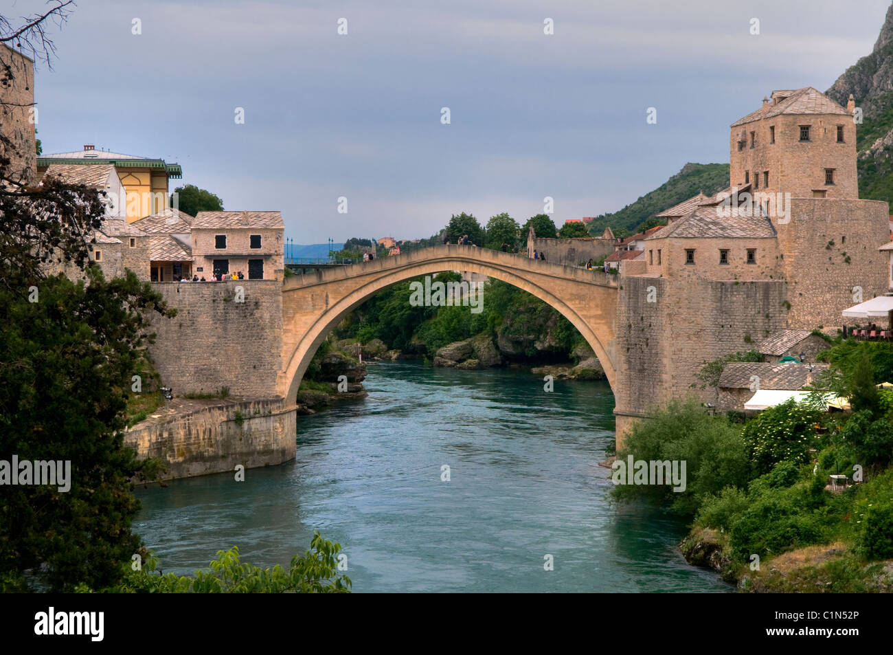 View of Stari Most a 16th-century Ottoman bridge over Neretva river in ...