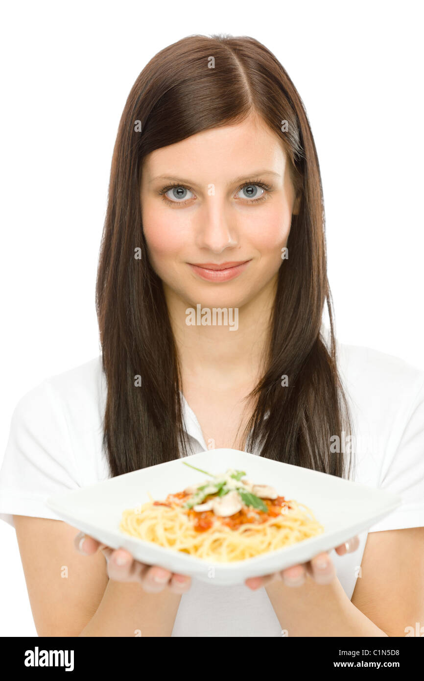 Italian food - portrait of healthy woman hold spaghetti with sauce ...