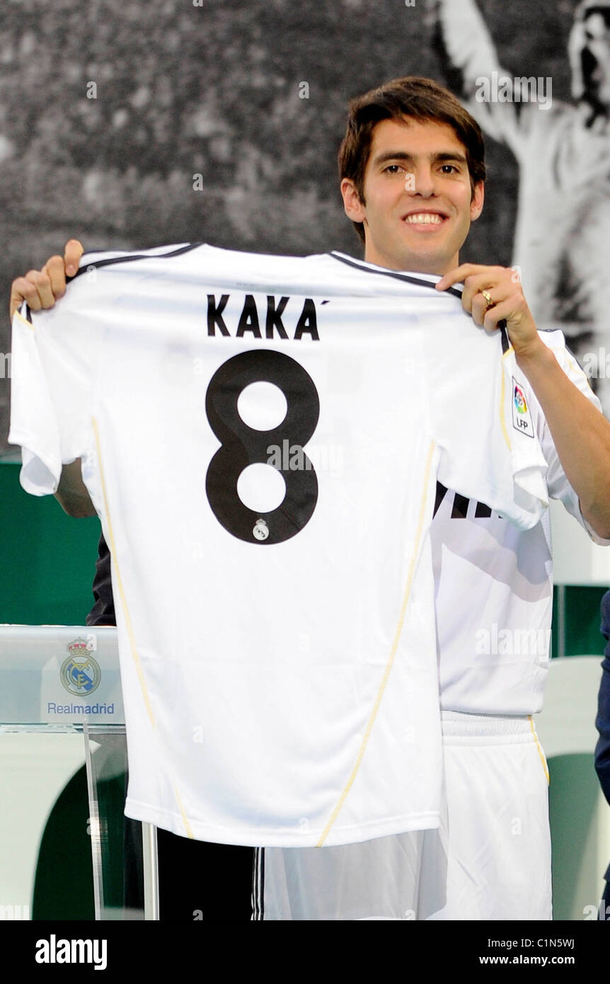 Kaka is greeted by 50,000 fans at the Bernabeu Stadium as he is ...
