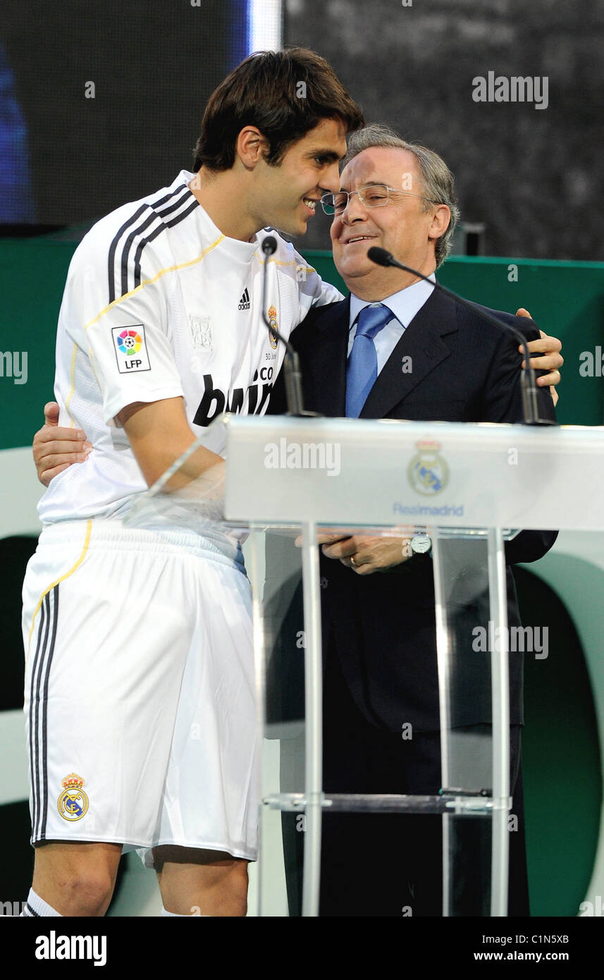 Kaka is greeted by 50,000 fans at the Bernabeu Stadium as he is ...