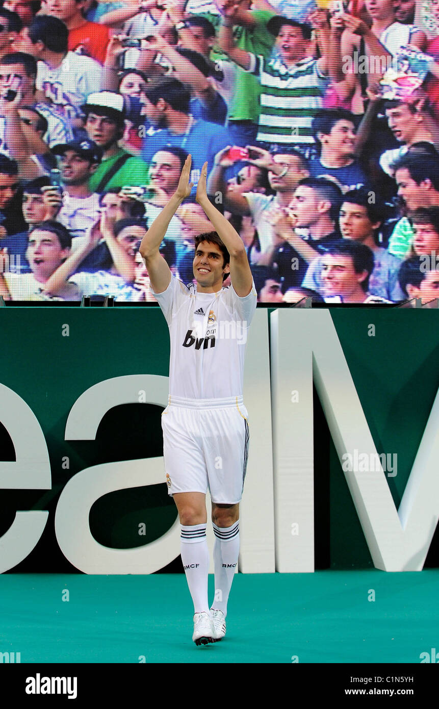 Kaka is greeted by 50,000 fans at the Bernabeu Stadium as he is ...