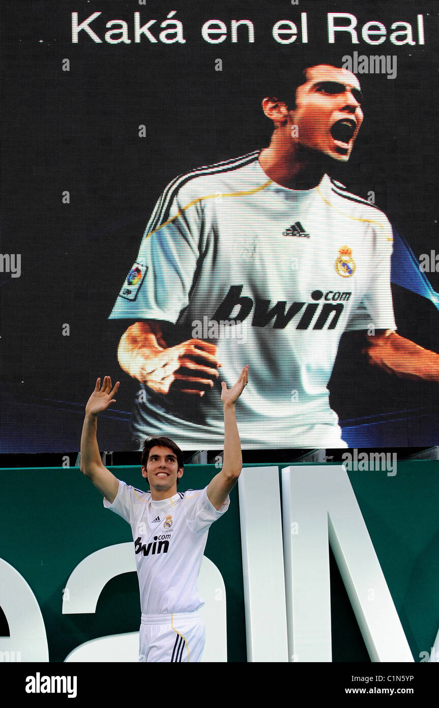 Kaka is greeted by 50,000 fans at the Bernabeu Stadium as he is ...