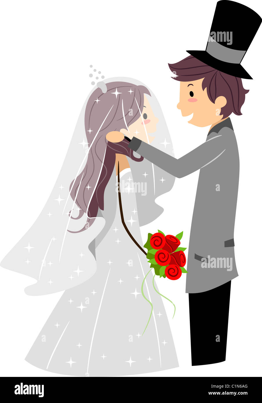Illustration of a Groom Lifting His Bride's Veil Stock Photo - Alamy