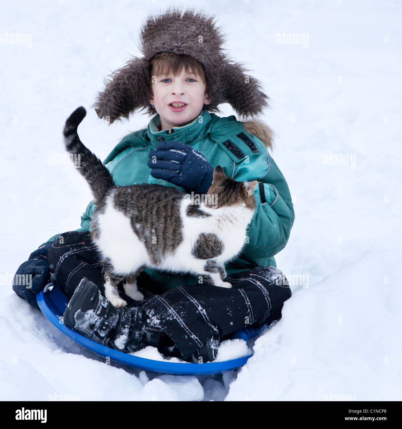 boy with cat sits on plastic sled in park in winter Stock Photo - Alamy