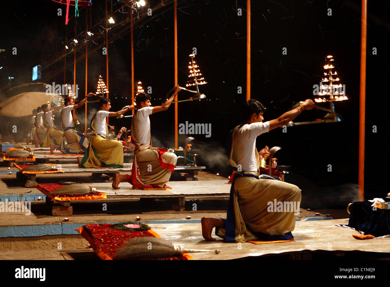 India, Uttar Pradesh, Varanasi, evening puja ritual on the ghats Stock ...