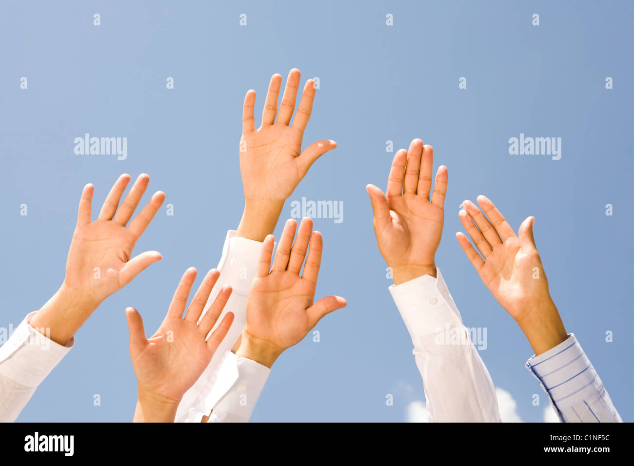 Image of several human palms raised against clear blue sky Stock Photo ...