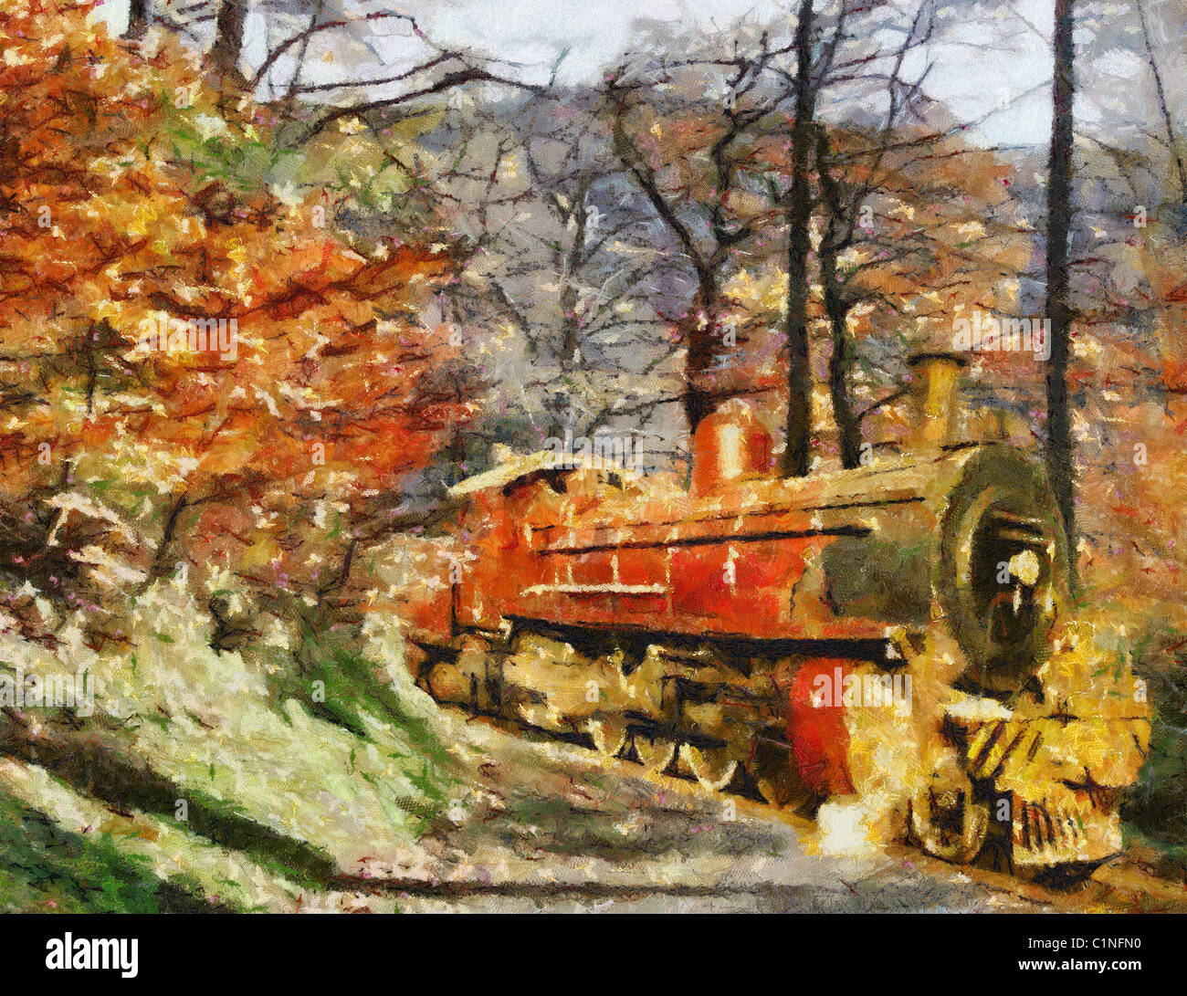 Orange steam train driving through forest (Oil painting - Camille Style ...