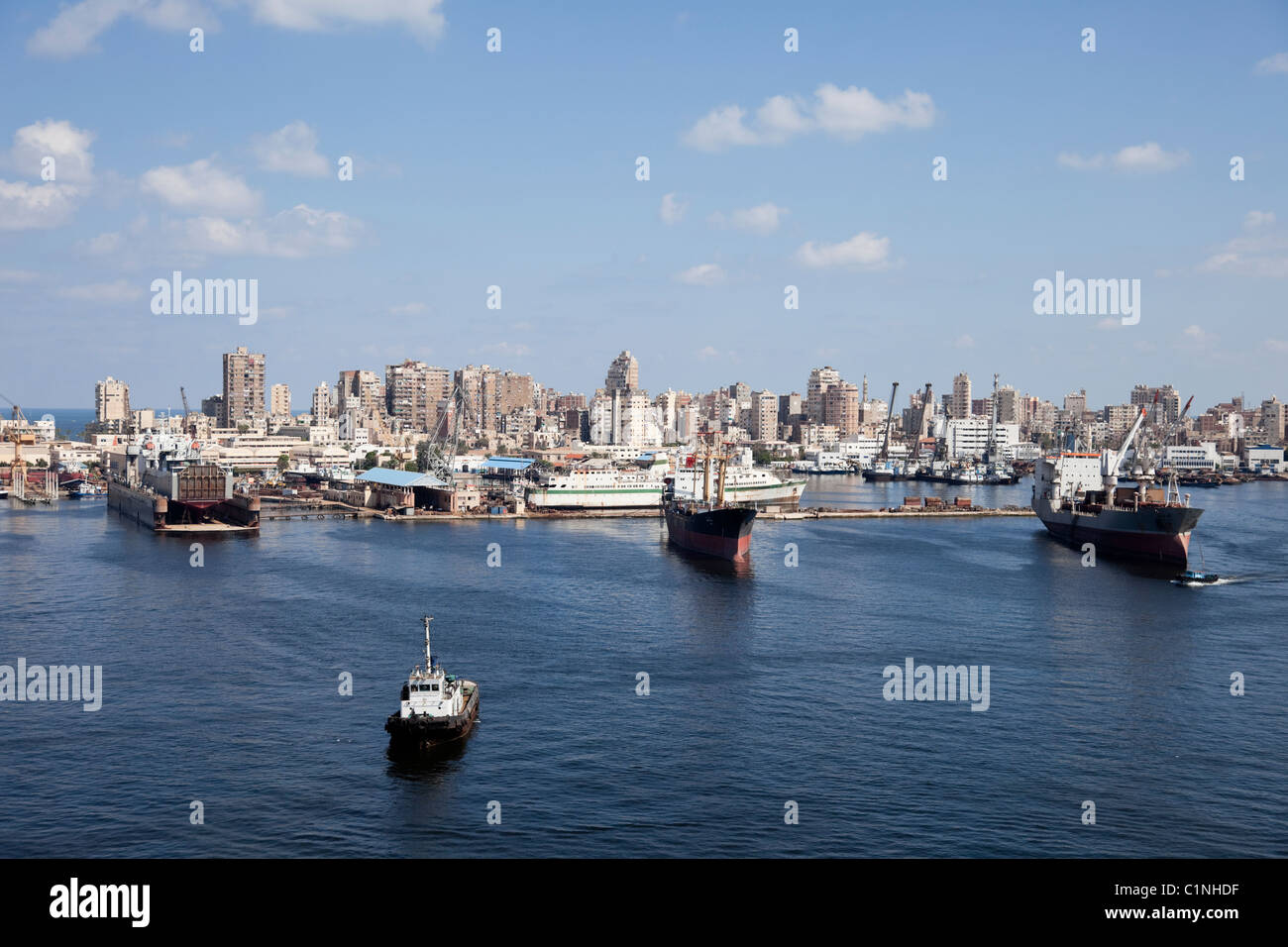 Overlooking the inside view of the port of Alexandria and cityscape ...
