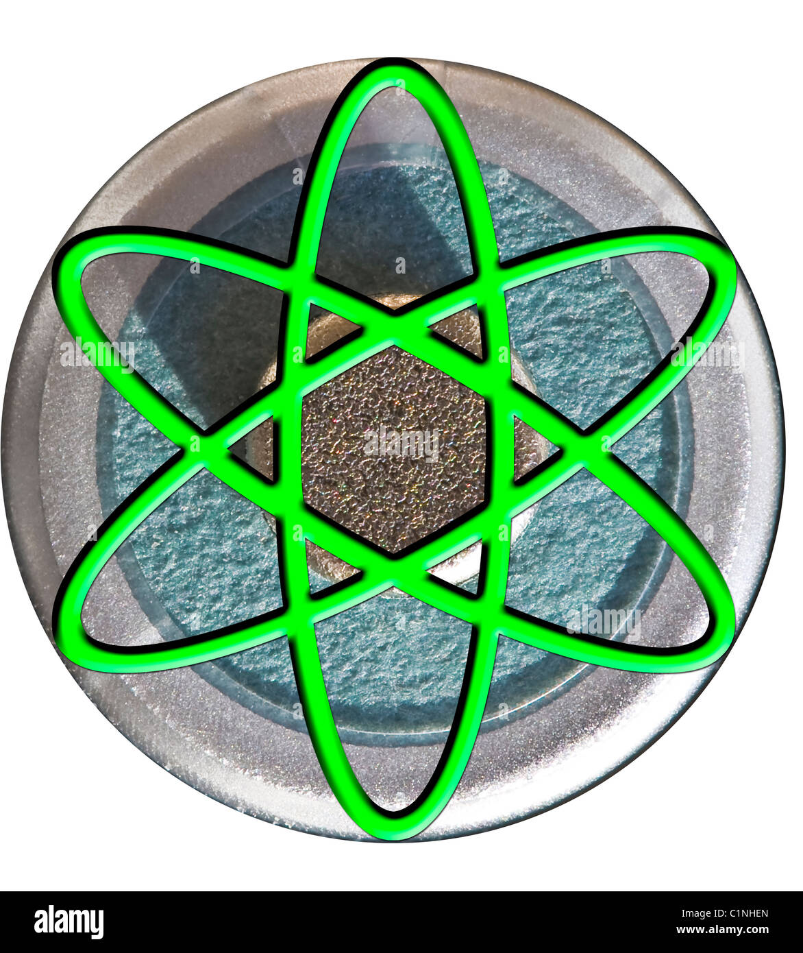 Atom symbol over AA cell (battery) top positive terminal Stock Photo ...