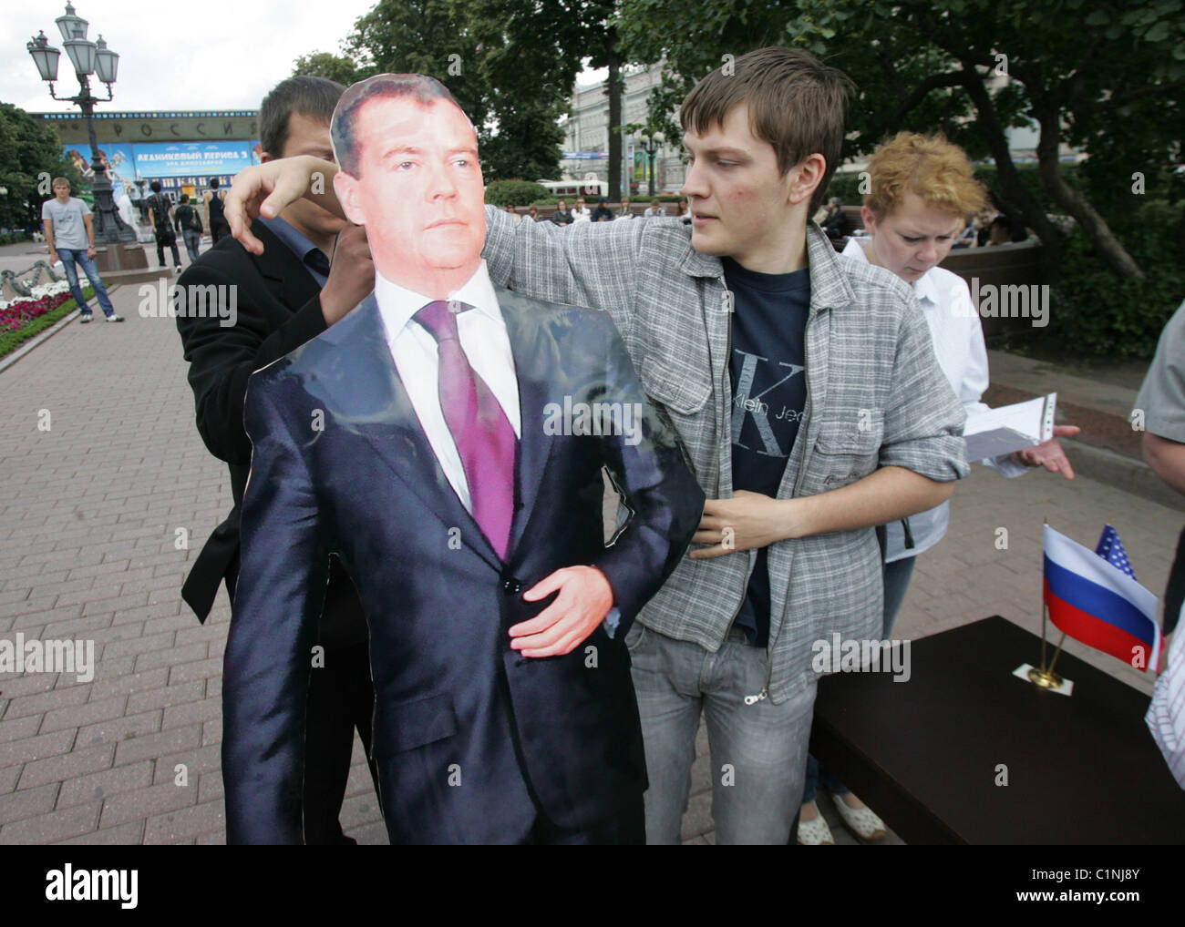 Carboard cut-outs of President Barack Obama and President Dimitry ...