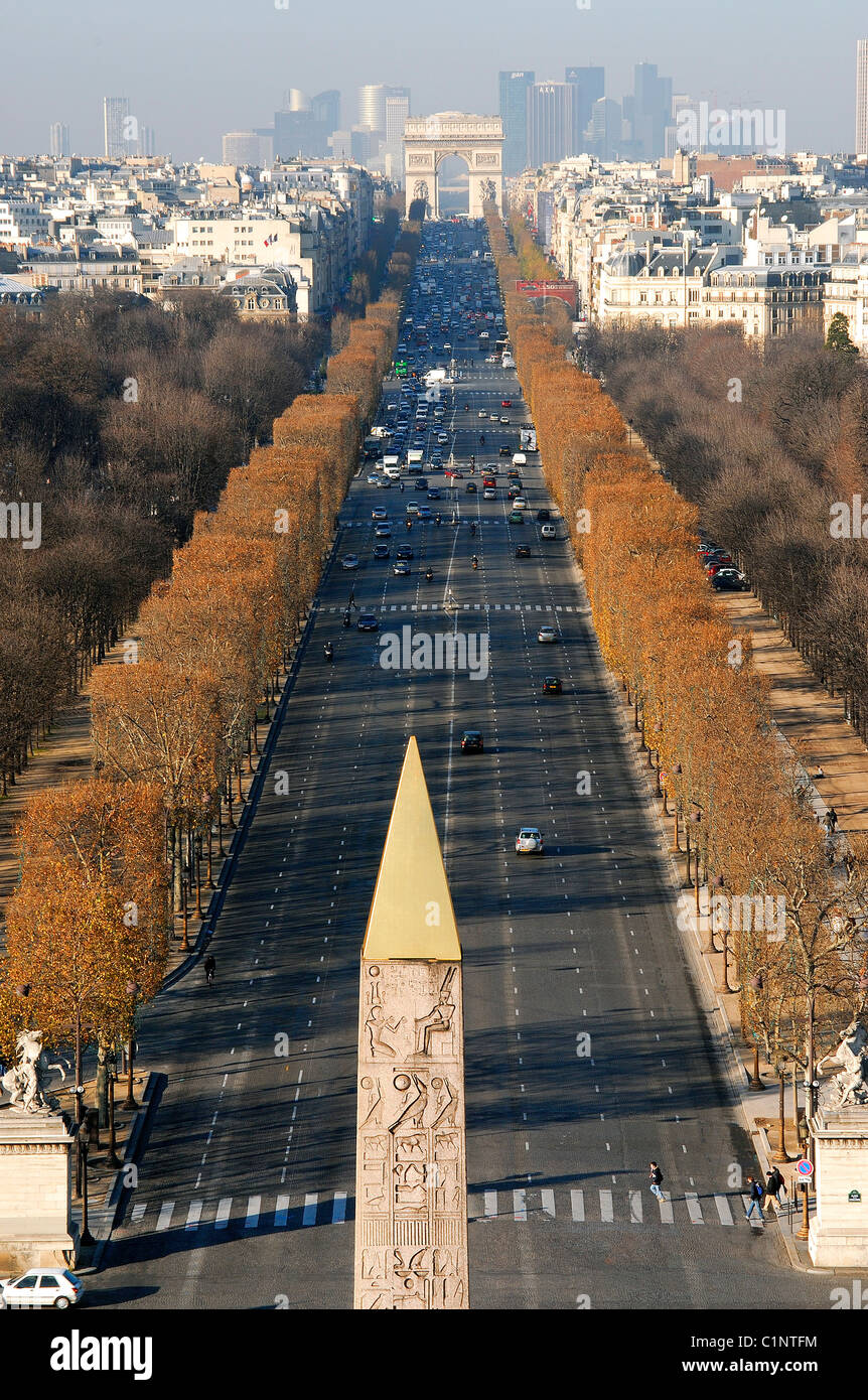 France, Paris, obelisk of Place de la Concorde and the Champs Elysees ...