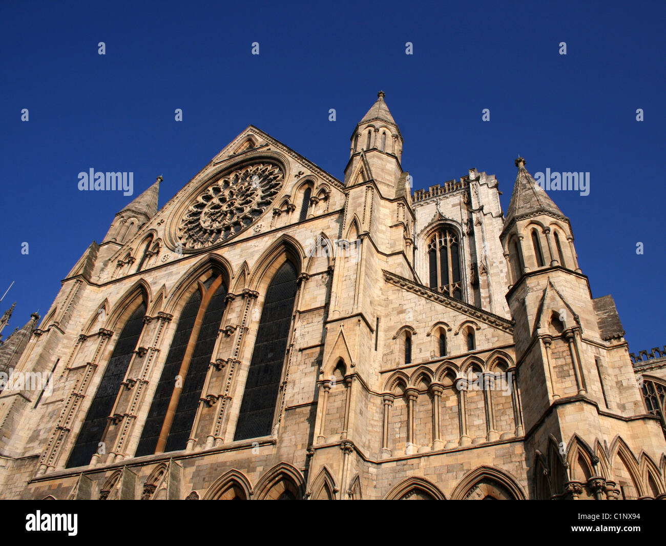 The Rose Window of York Minster set against a clear deep blue sky Stock ...