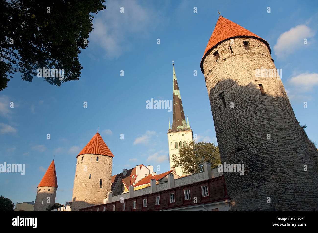 Medieval Old Tallinn Town Wall Towers and St. Olaf`s Church , Estonia ...