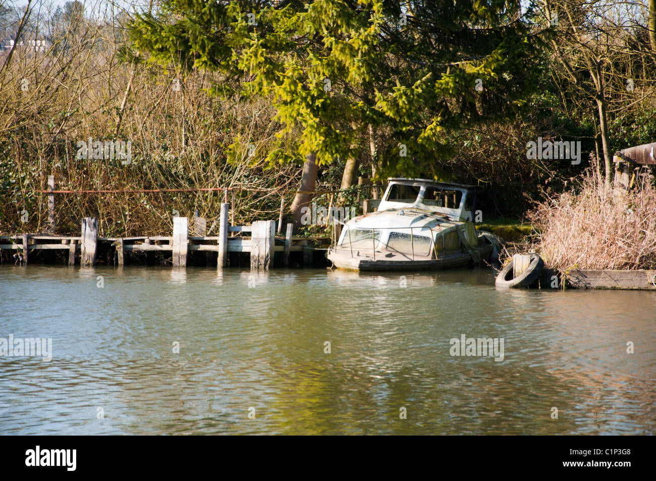 Sunk small pleasure boat River Yare Norfolk Broad Stock Photo - Alamy