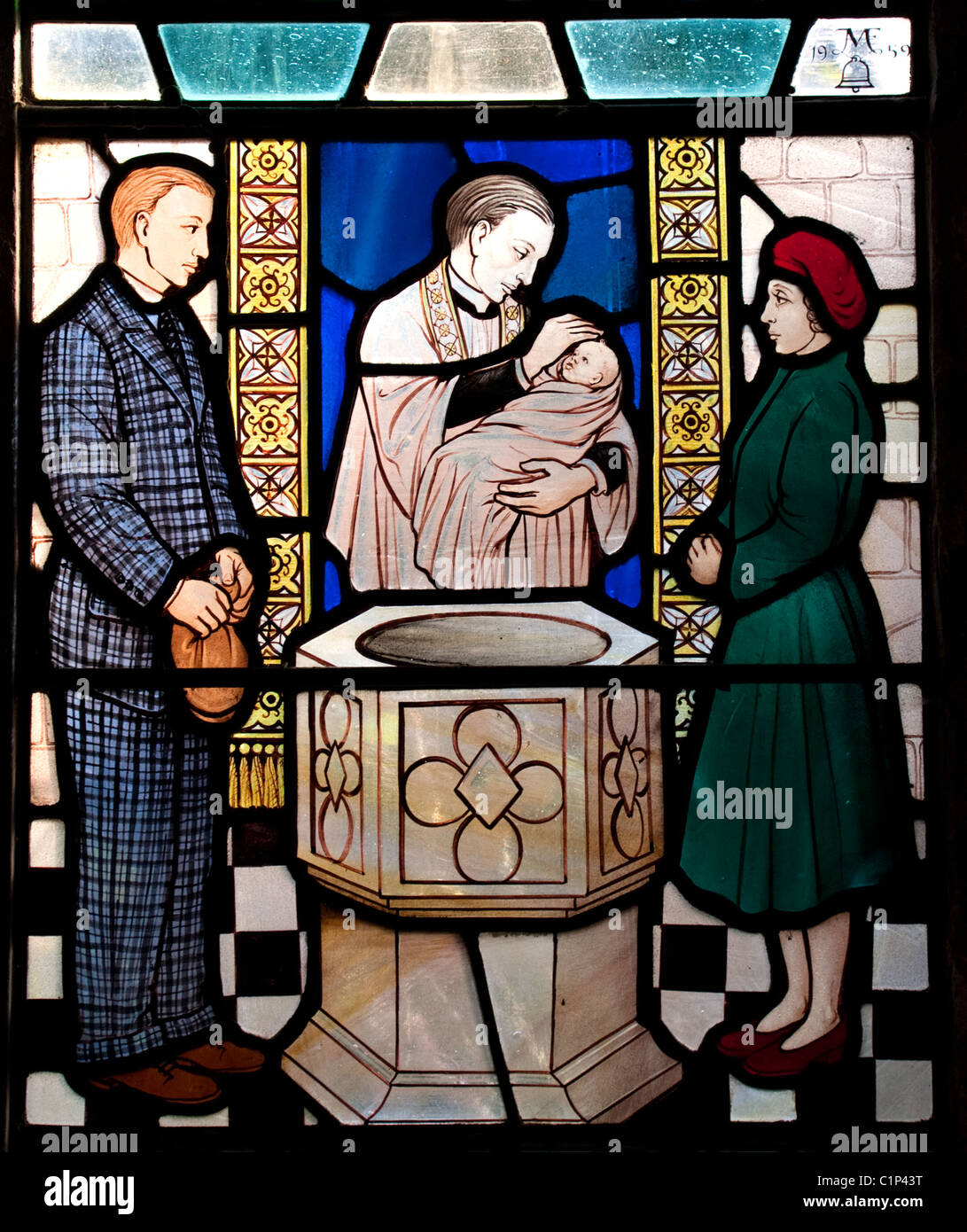 Detail from stained glass window showing a baby being christened ...