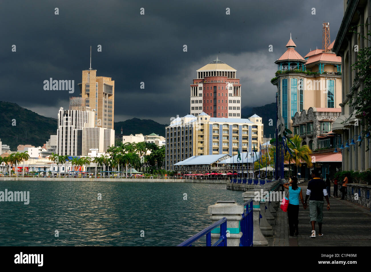 Mauritius Island, buildings of the capital Port-Louis view from Caudan ...