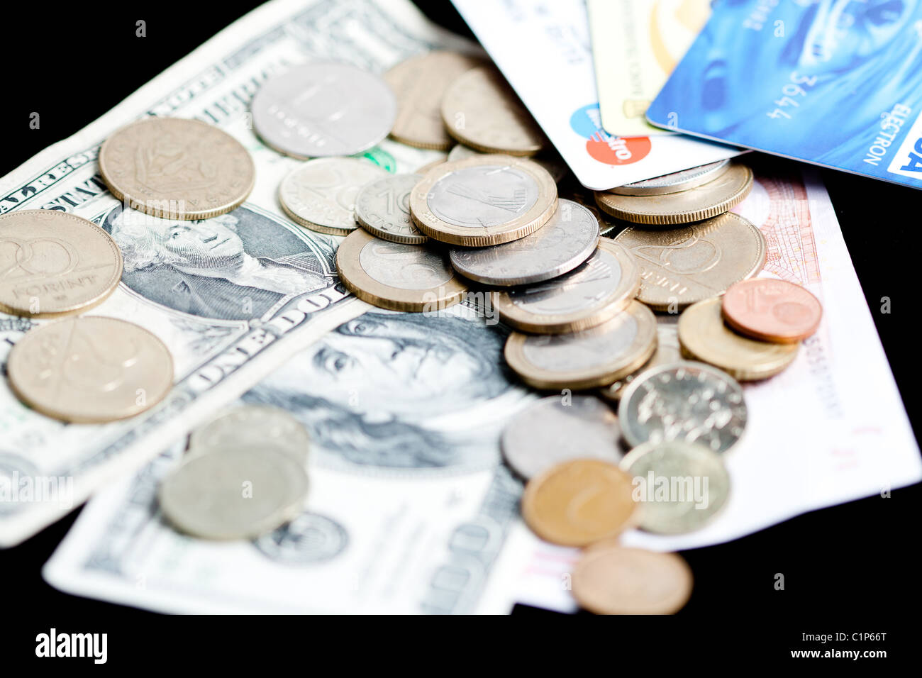 Money concept - bank notes, coins and credit cards Stock Photo - Alamy