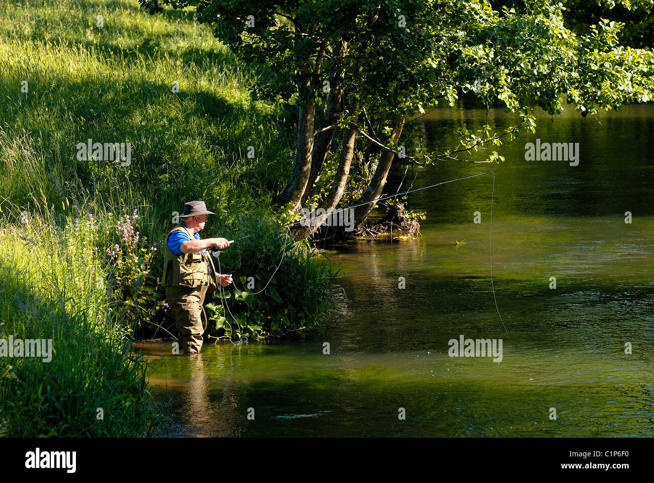France, Calvados, Pays d' Auge, Christian Graule, fly fishing on ...