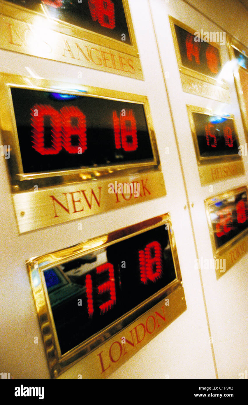Close up of clocks showing different times in different cities Stock ...