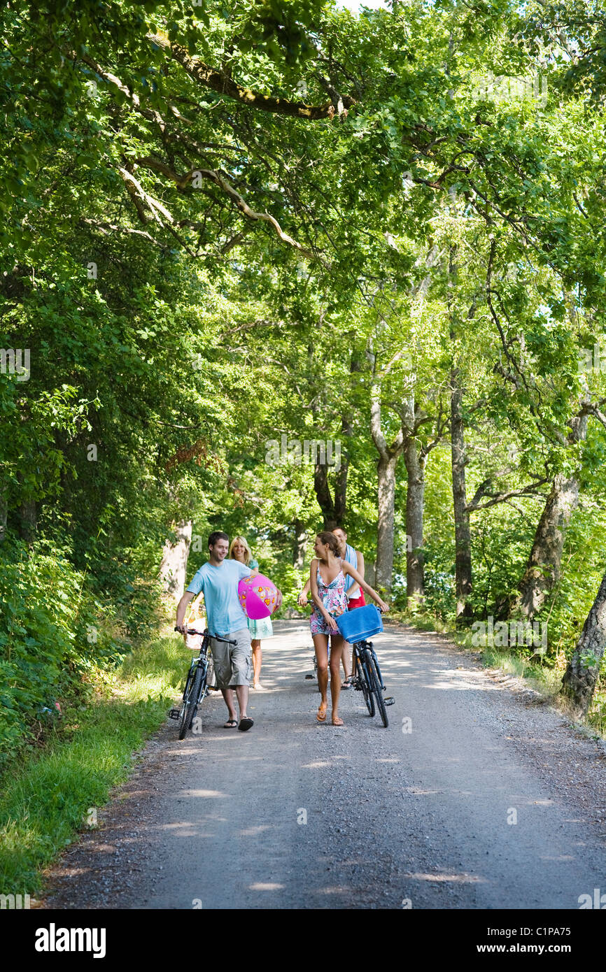 Four young people with bicycles walking on rural road Stock Photo - Alamy